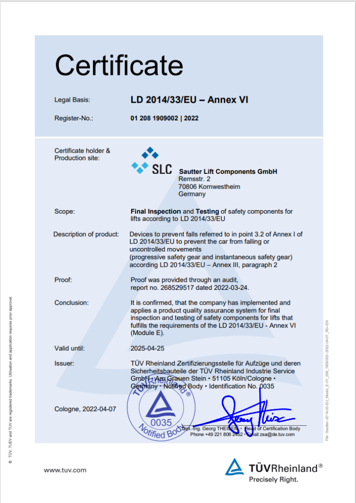 Download Certificates - Sautter Lift Components GmbH